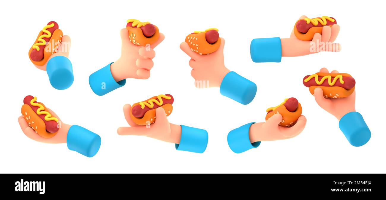 Hand hold hotdog, american snack with sausage, bun with sesame and ...
