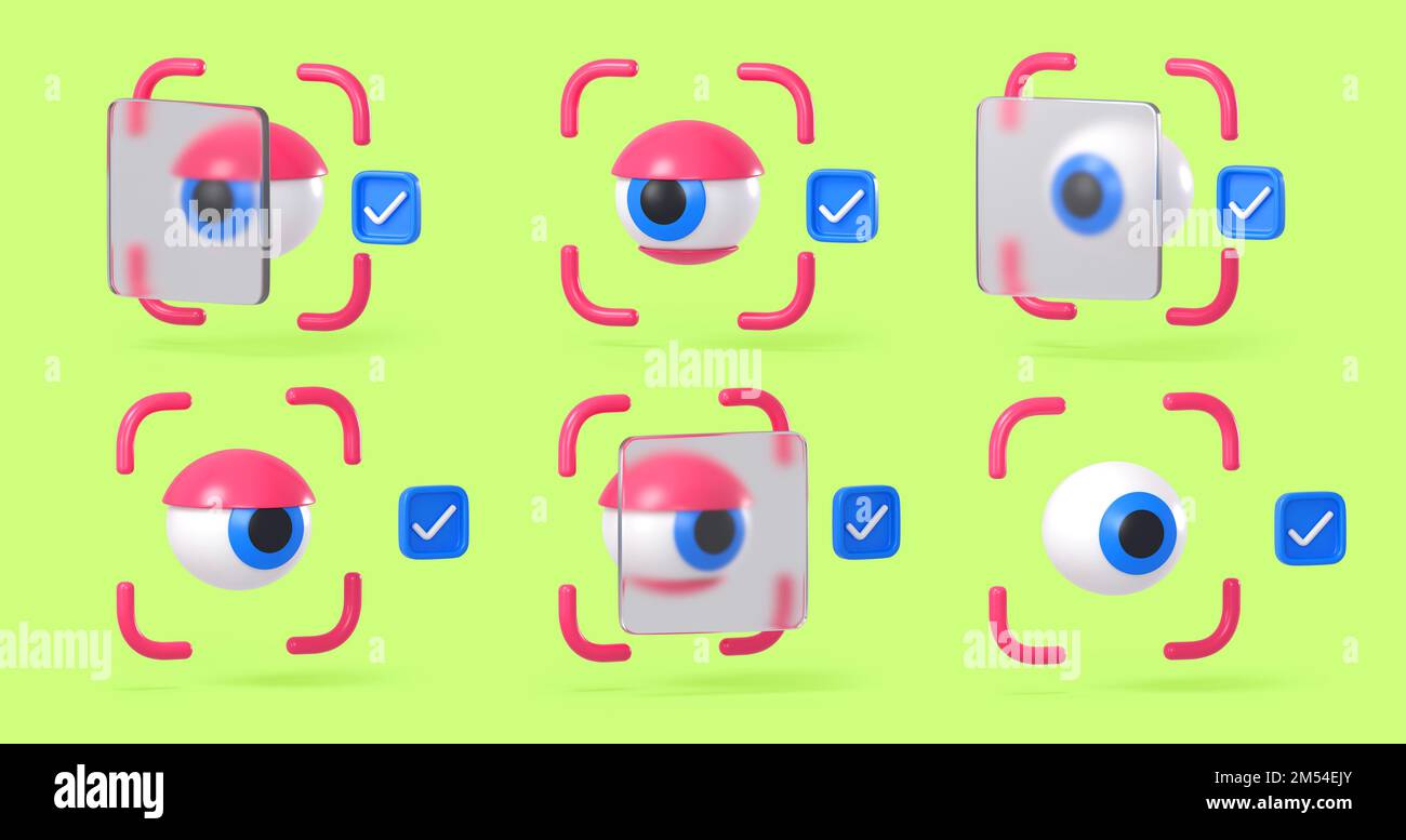 Iris recognition system. 3D render set of human eye from different ...