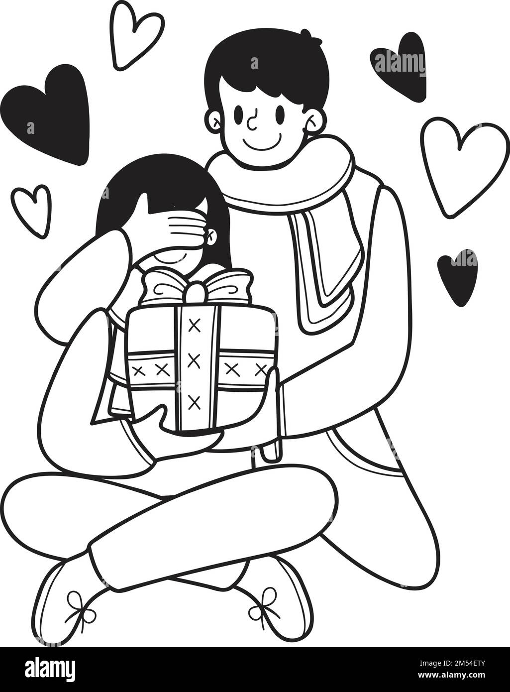 Hand Drawn man giving woman a gift illustration isolated on background ...