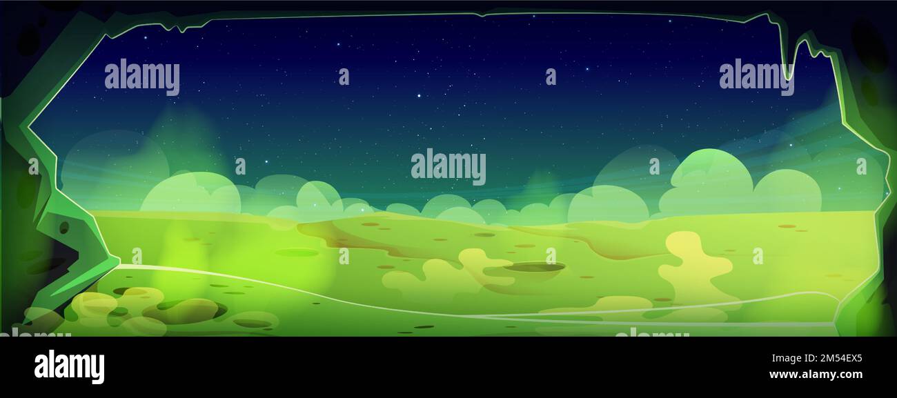 View from cave at green alien planet surface with craters and toxic fog ...