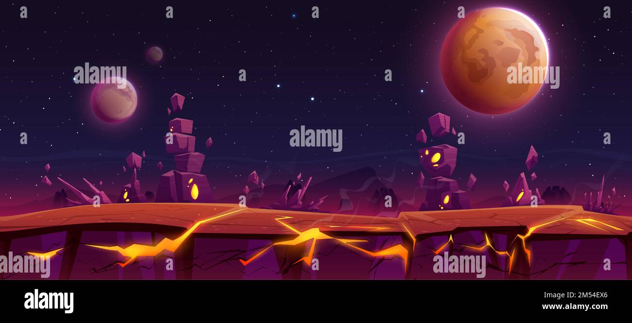 Dangerous alien planet surface with rocky surface, hot lava in cracks ...