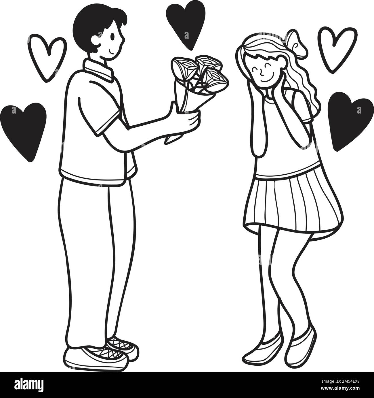 Hand Drawn man giving flowers to woman illustration isolated on ...
