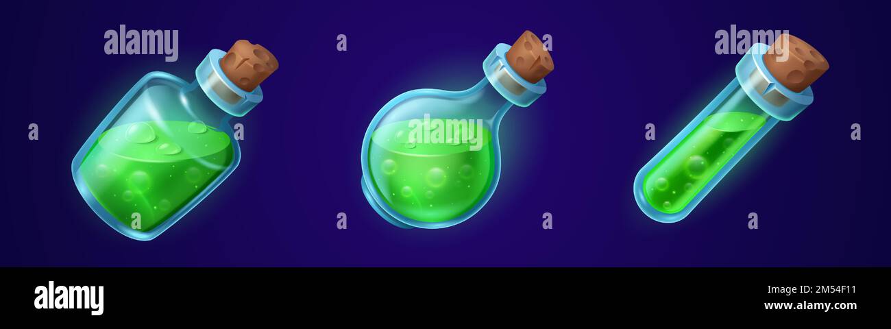 Cartoon set of glass bottles with green magic potions isolated on dark ...