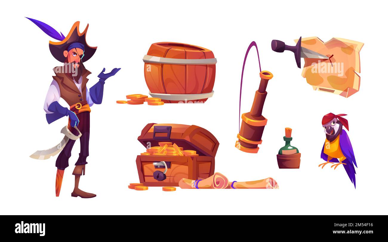 Pirate in hat, treasure box with gold coins, rum bottle, old map and ...