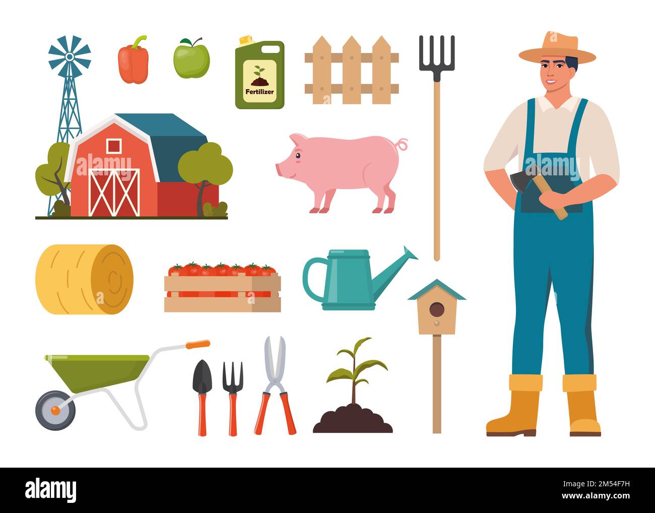 Farmer character and different farm elements. Man farmer, barn, pig ...