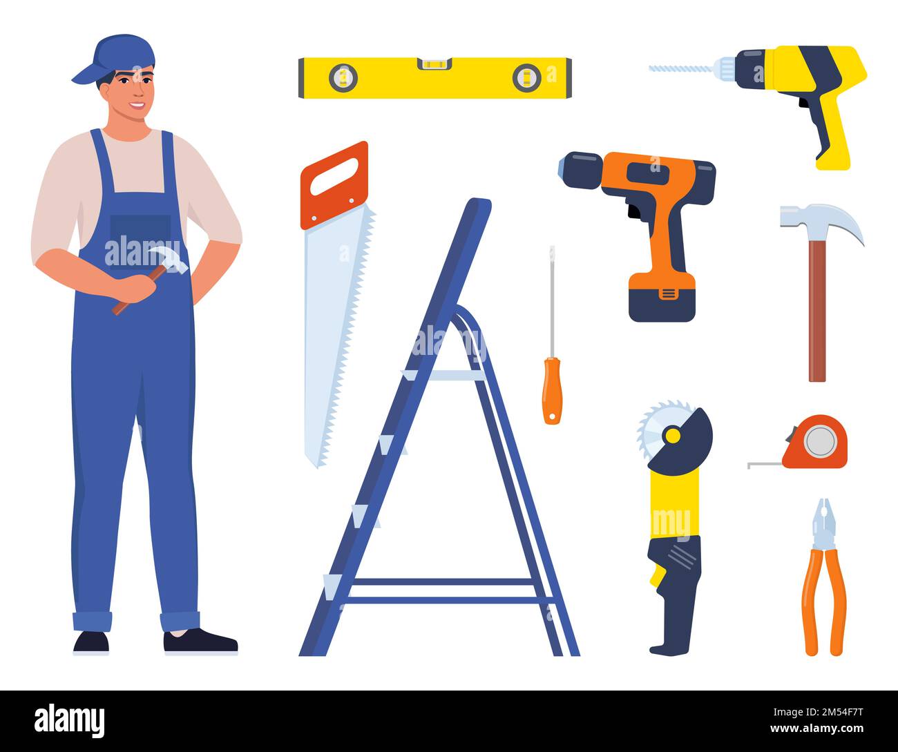 Repairman or mechanic and collection of tools. Man character in uniform ...