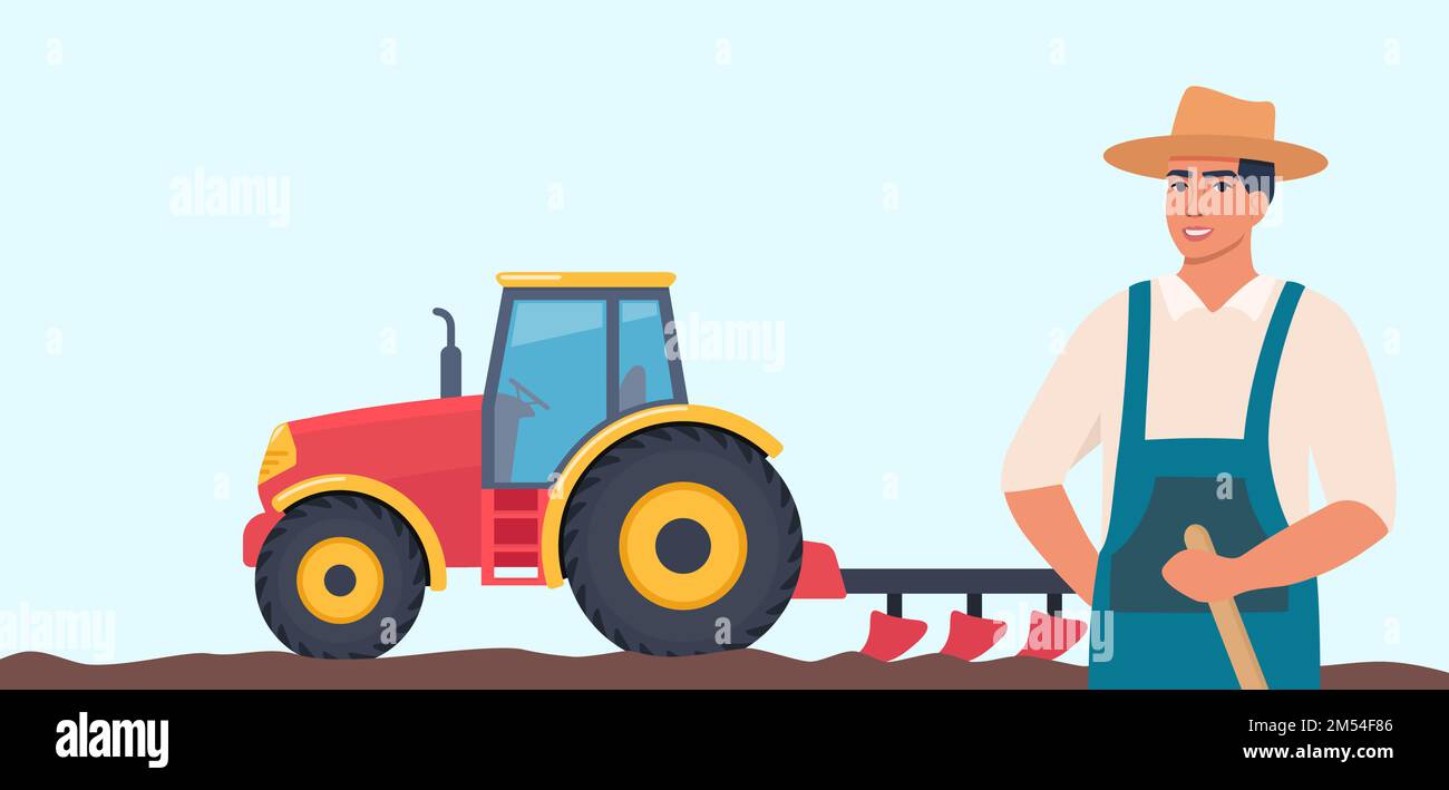 Tractor plowing the field and farmer stands in the foreground. Rural ...
