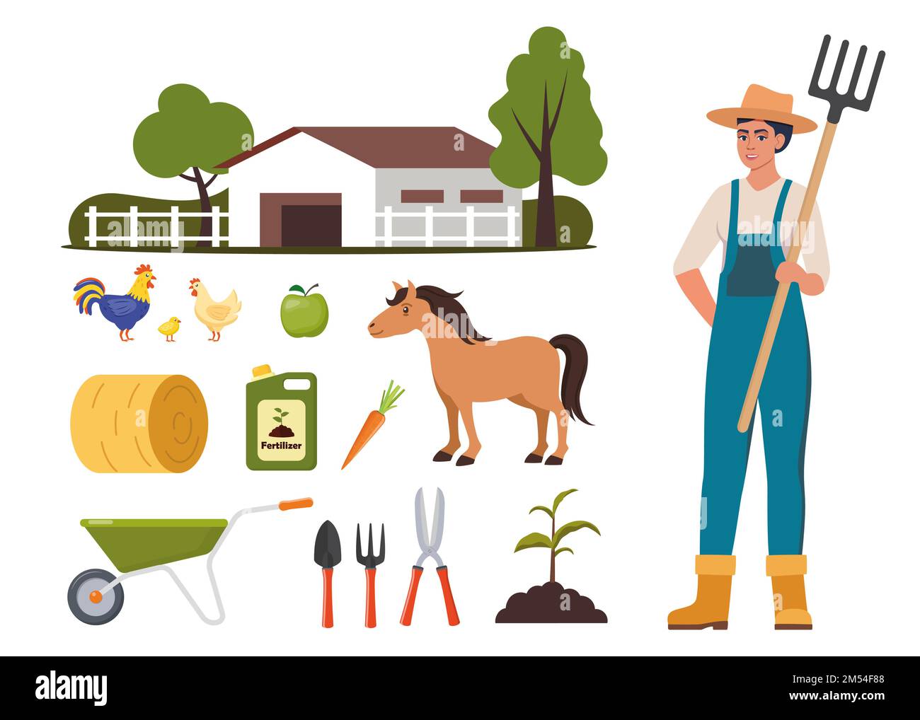 Farmer character and different farm elements. Woman farmer, barn, horse ...