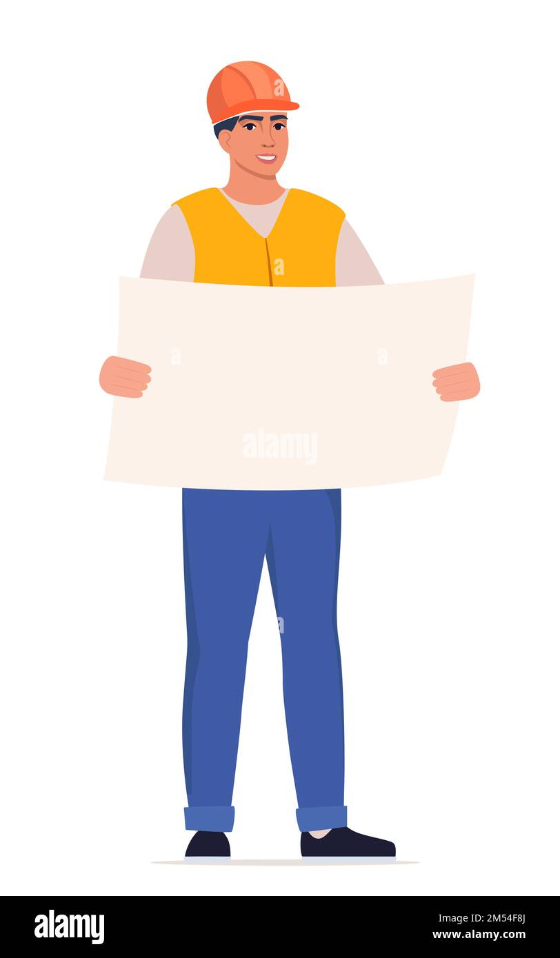 Man engineer. Construction Worker in uniform and orange protective ...