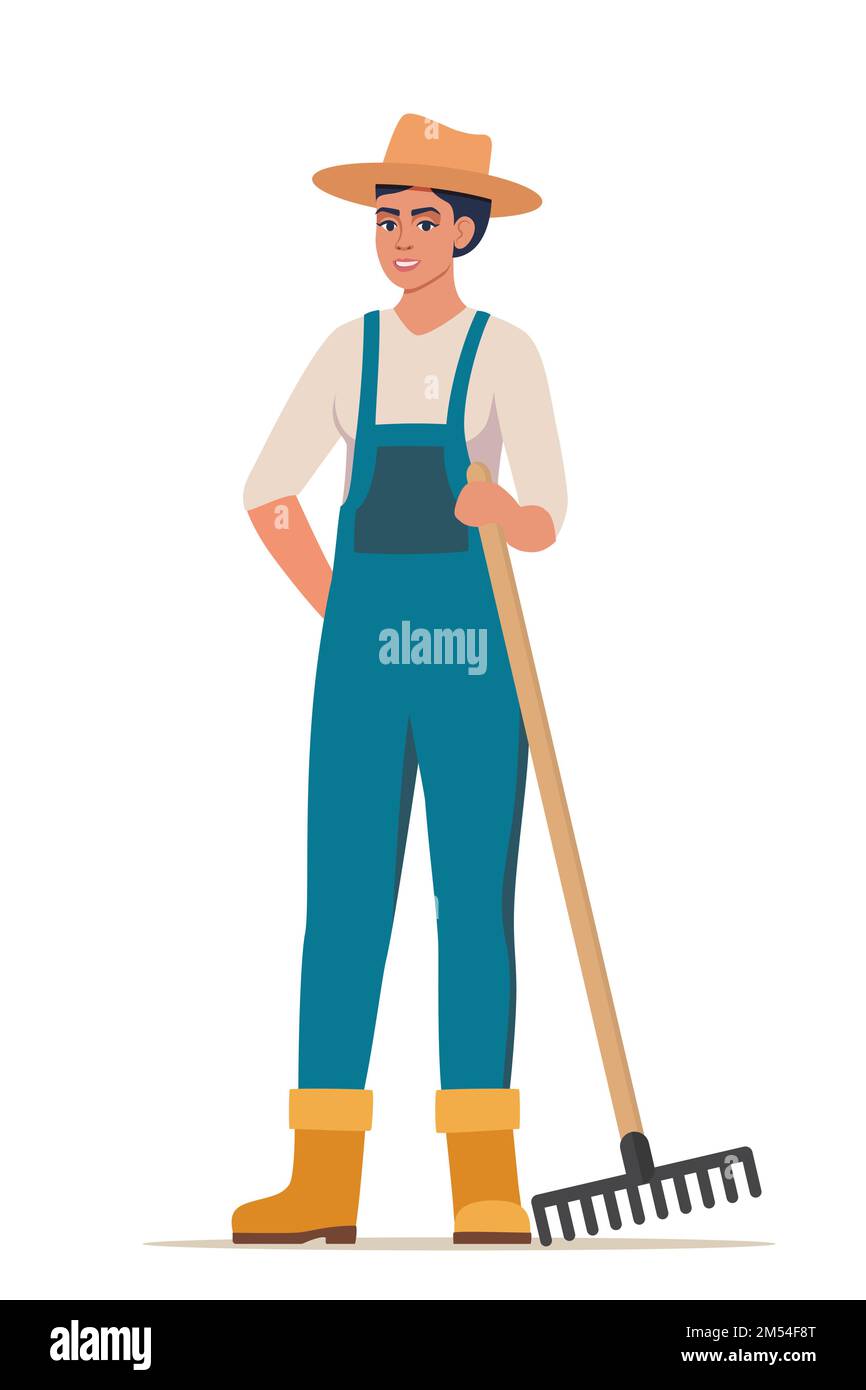 Woman farmer holding rake in hand. Farming work, gardening ...