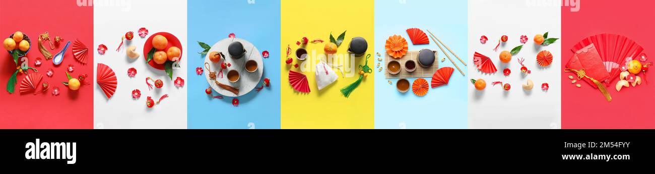 Stylish collage of Chinese symbols on color background. New Year ...