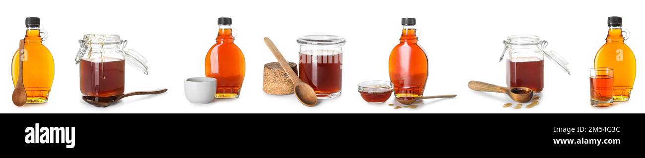 Collage of tasty maple syrup on white background Stock Photo - Alamy