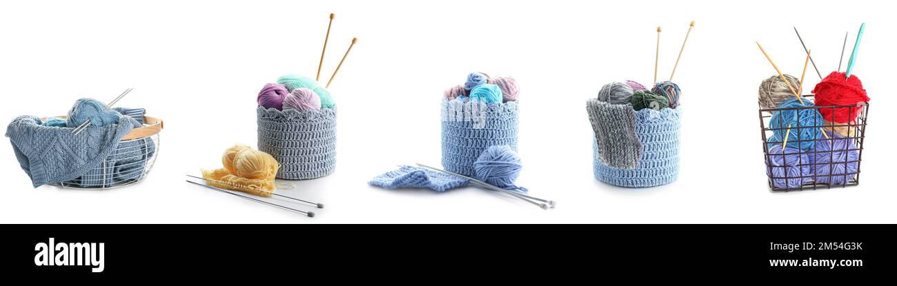 Collage of natural knitting yarn with needles in baskets on white ...