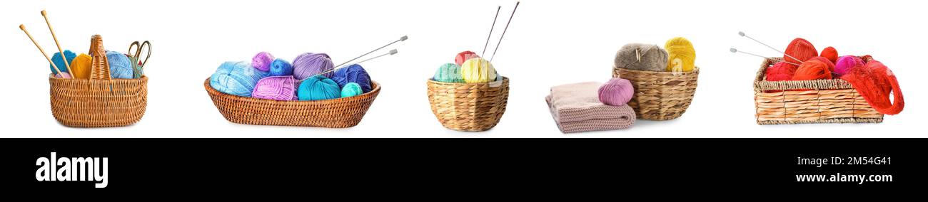 Group of knitting yarn with needles in baskets on white background ...