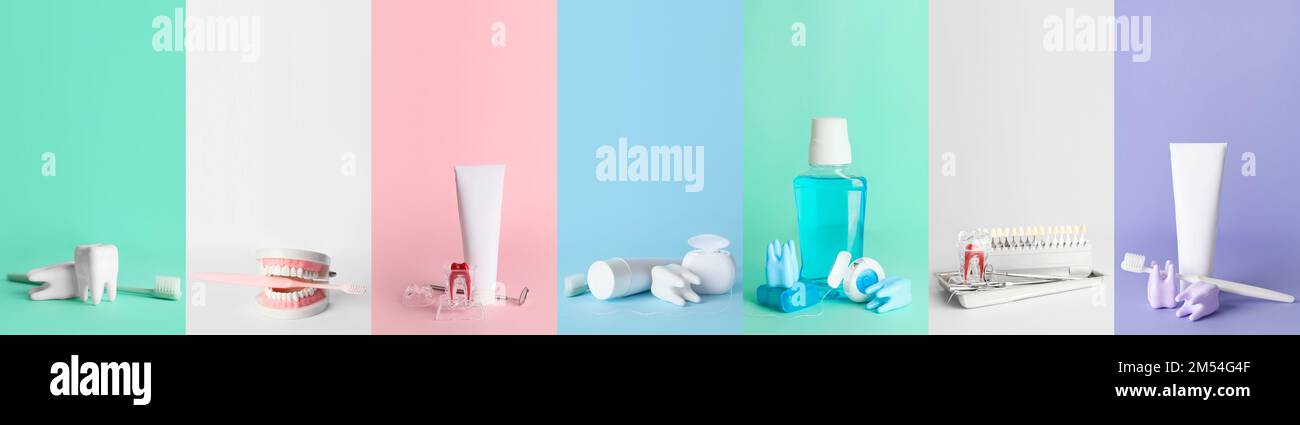 Collage with dentist's tools and items for oral hygiene on colorful ...