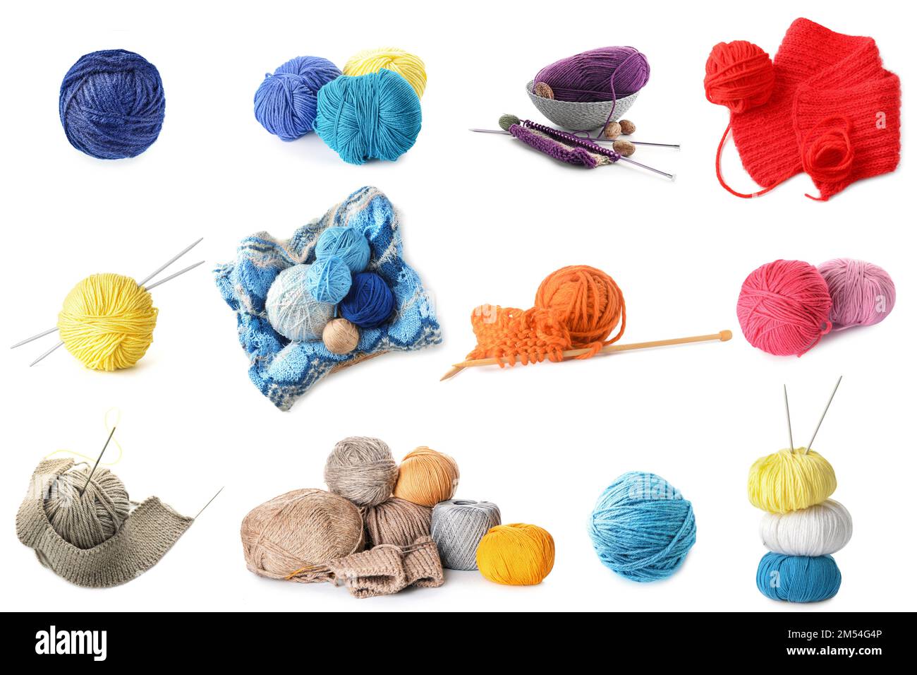 Collage of knitting yarn with needles on white background Stock Photo ...