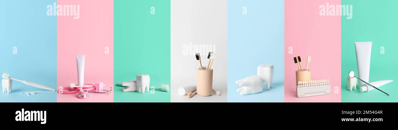 Collage with dentist's tools and items for oral hygiene on colorful ...