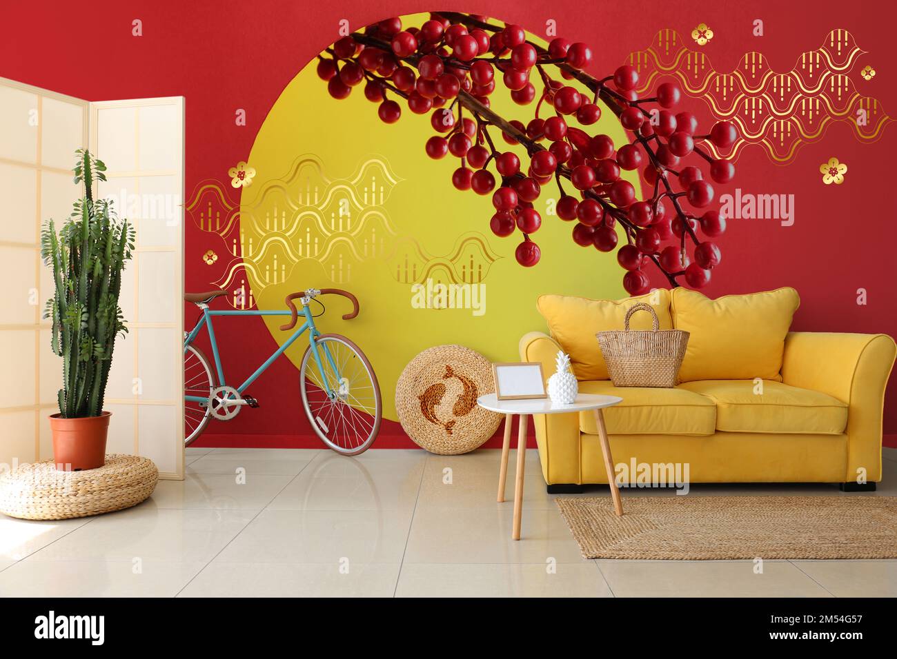 Interior of modern living room with beautiful Asian print on wall Stock ...