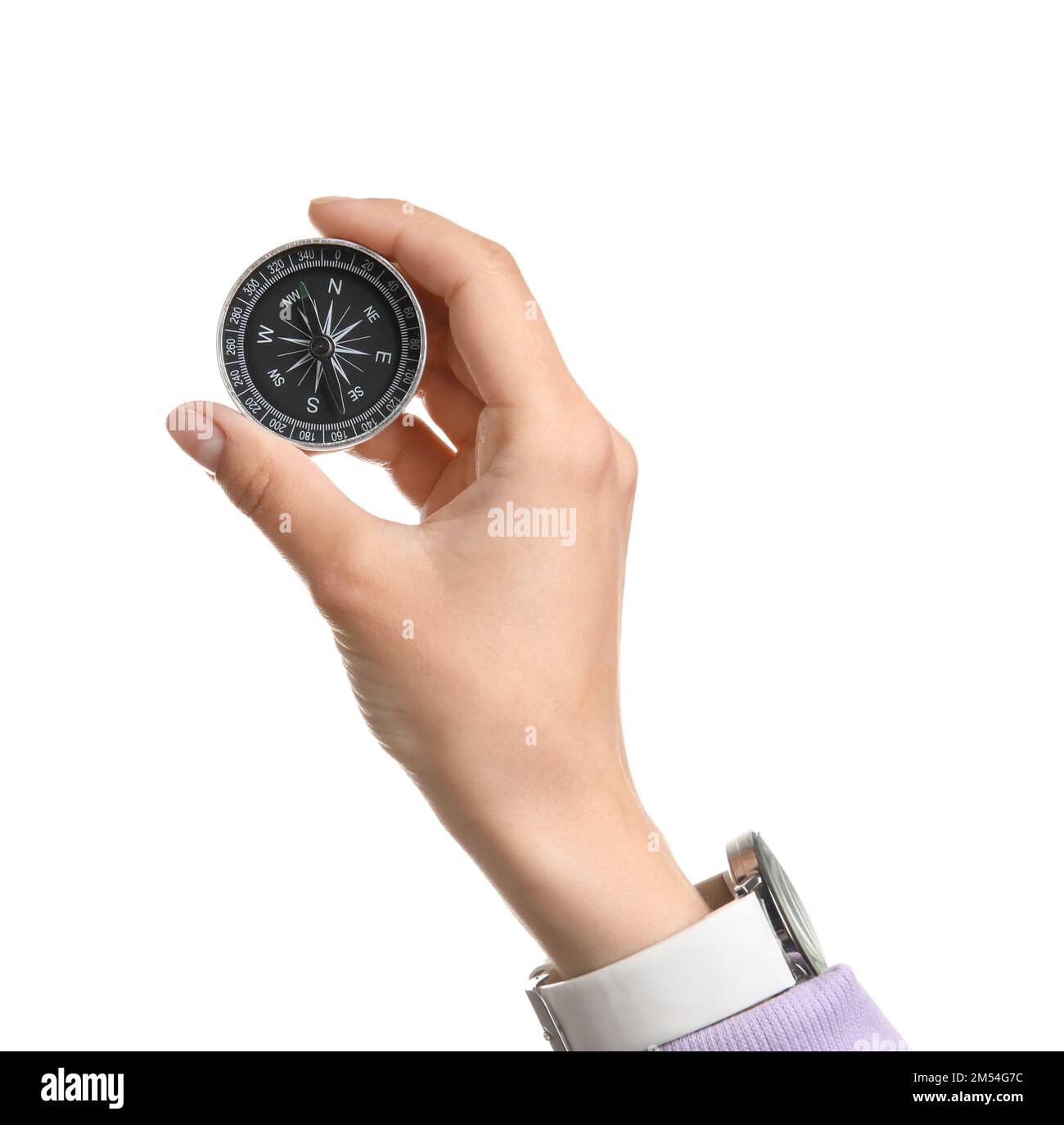 Woman with compass on white background Stock Photo - Alamy