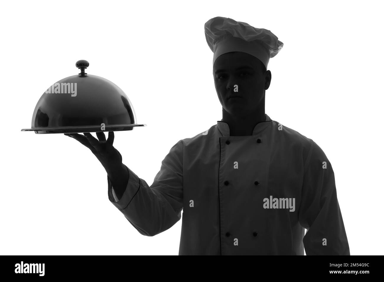 Silhouette of male chef with cloche on white background Stock Photo - Alamy