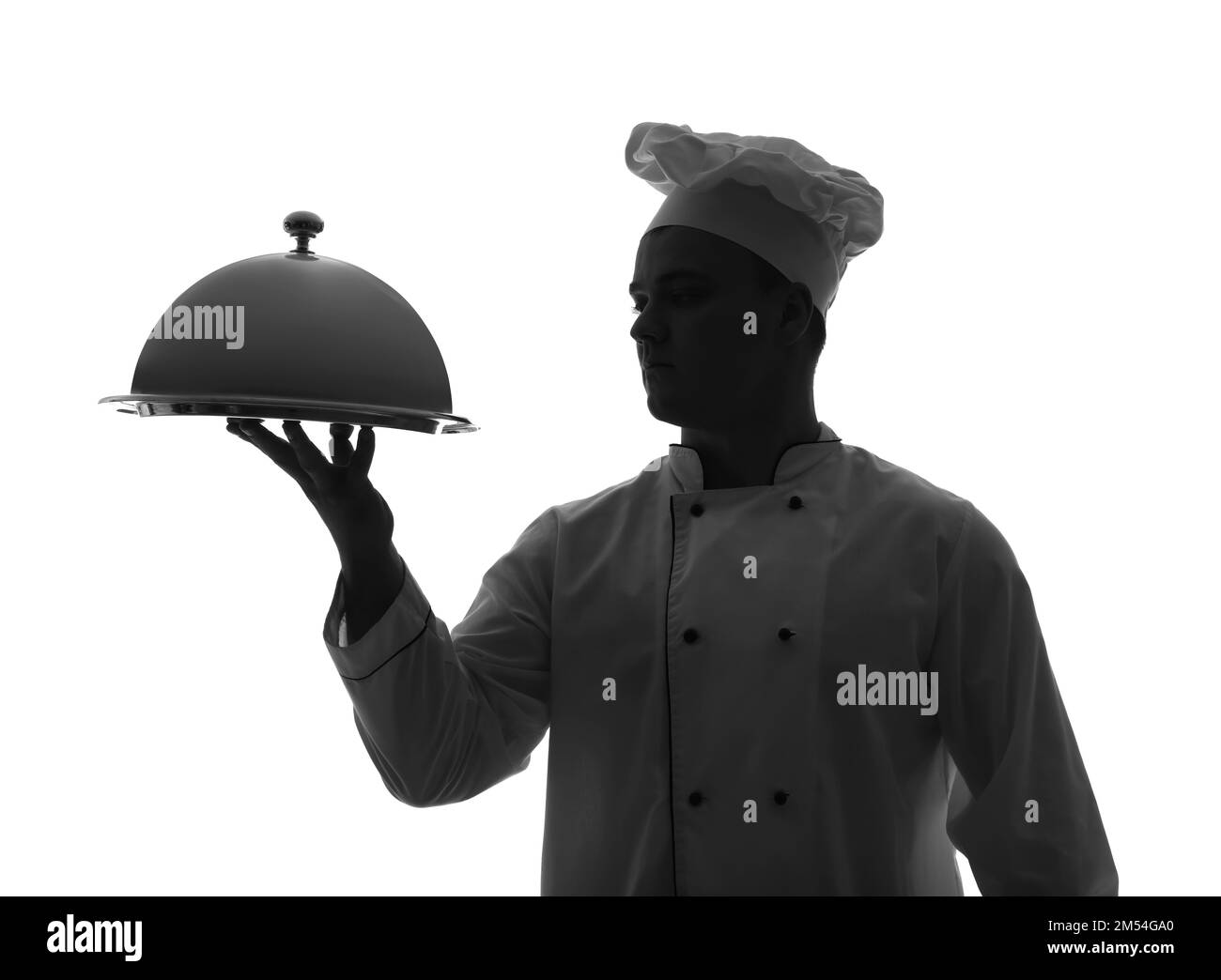 Silhouette of male chef with cloche on white background Stock Photo - Alamy