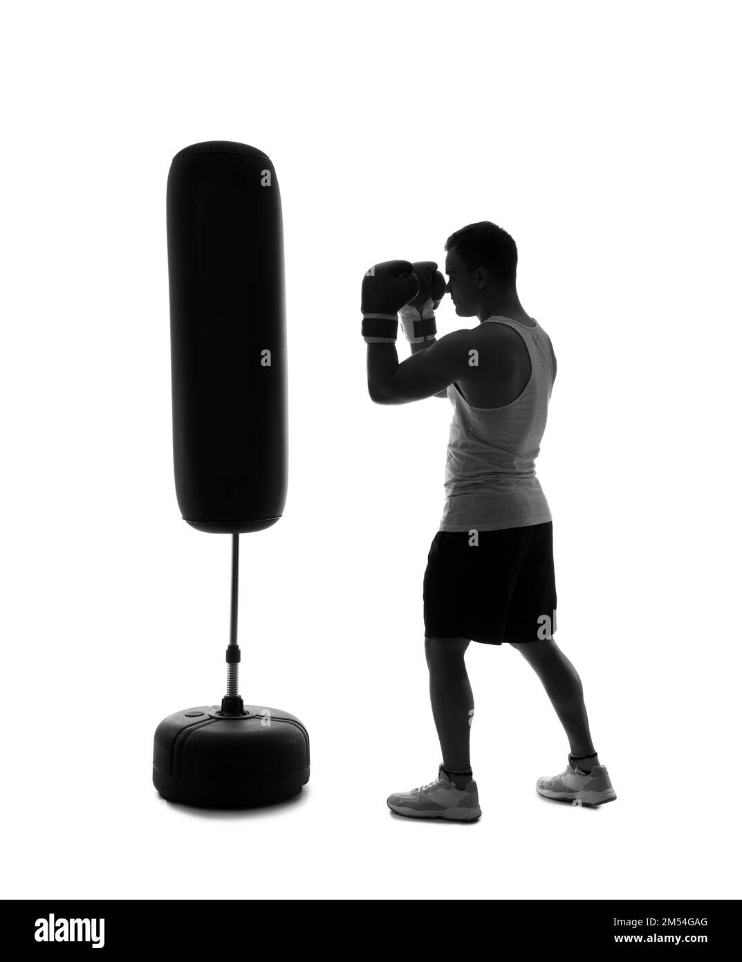 Silhouette of male boxer punching bag on white background Stock Photo ...