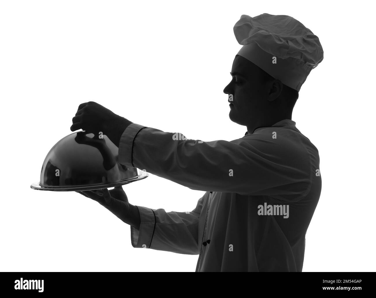 Silhouette of male chef with cloche on white background Stock Photo - Alamy