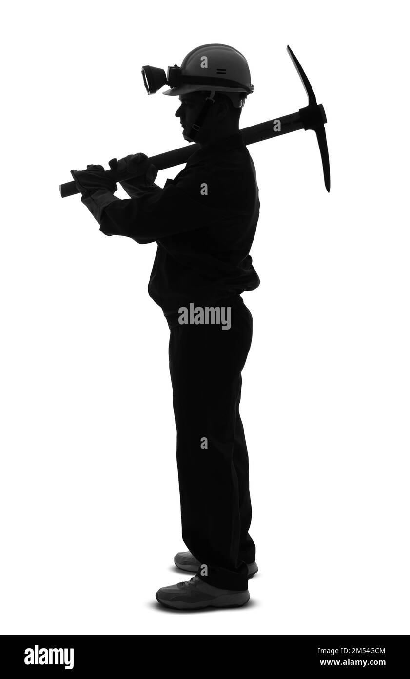 Silhouette of male miner with pick on white background Stock Photo - Alamy