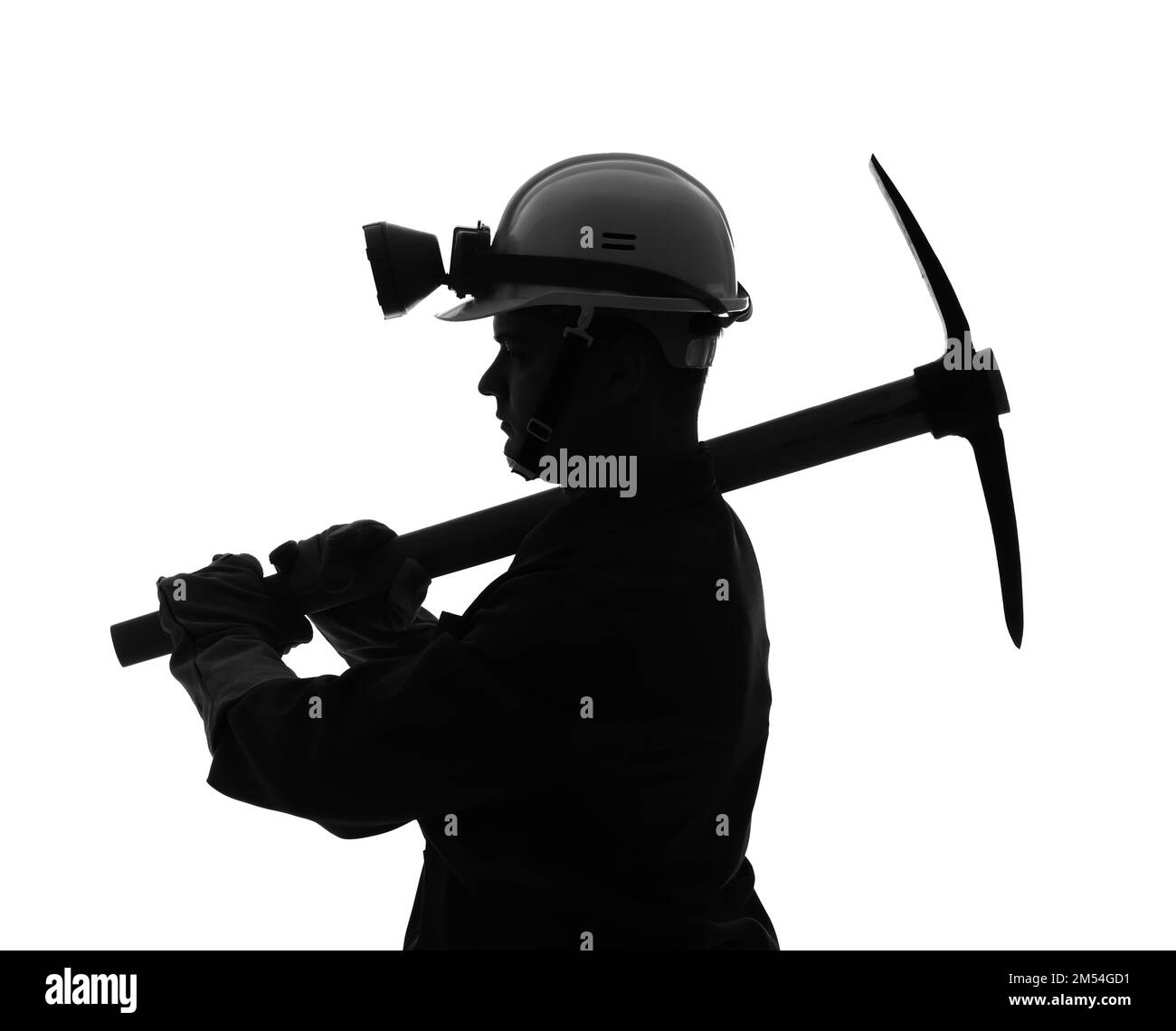 Silhouette of male miner with pick on white background Stock Photo - Alamy