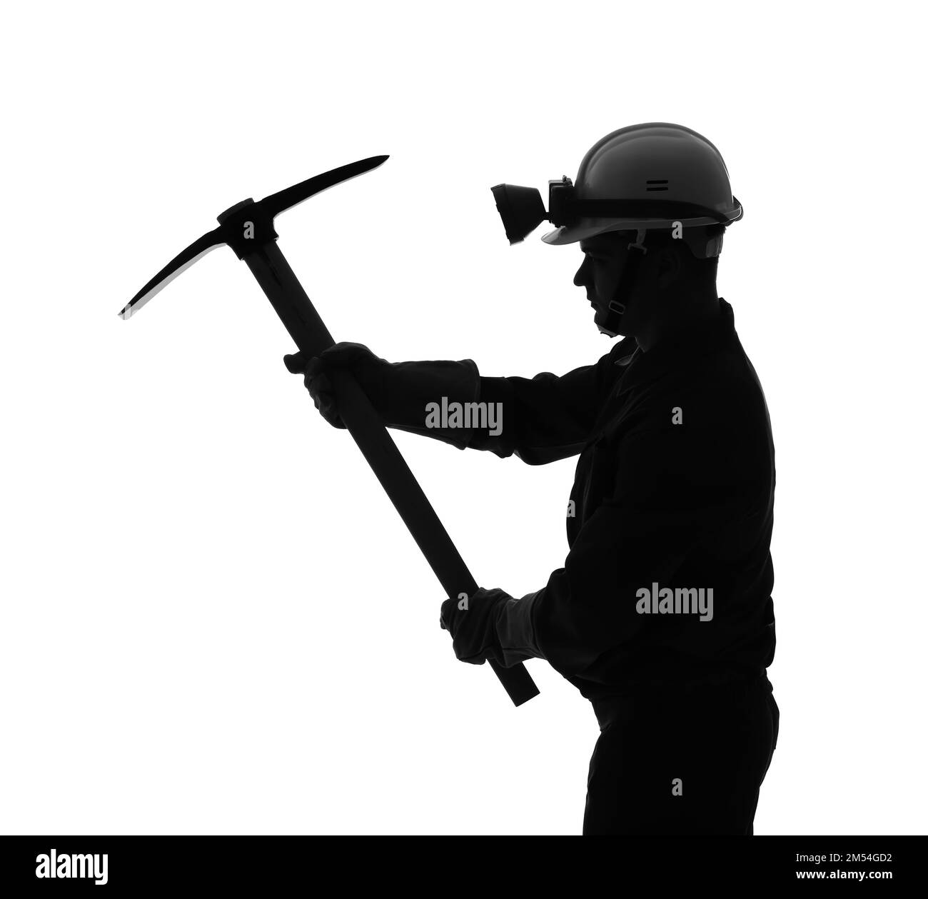 Silhouette of male miner with pick on white background Stock Photo - Alamy