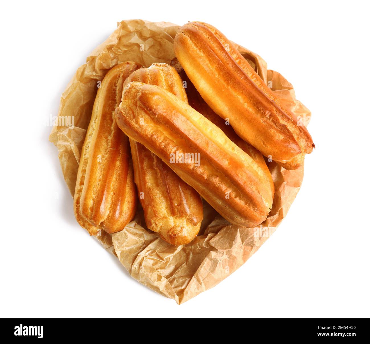 Baking paper with sweet eclairs on white background Stock Photo - Alamy
