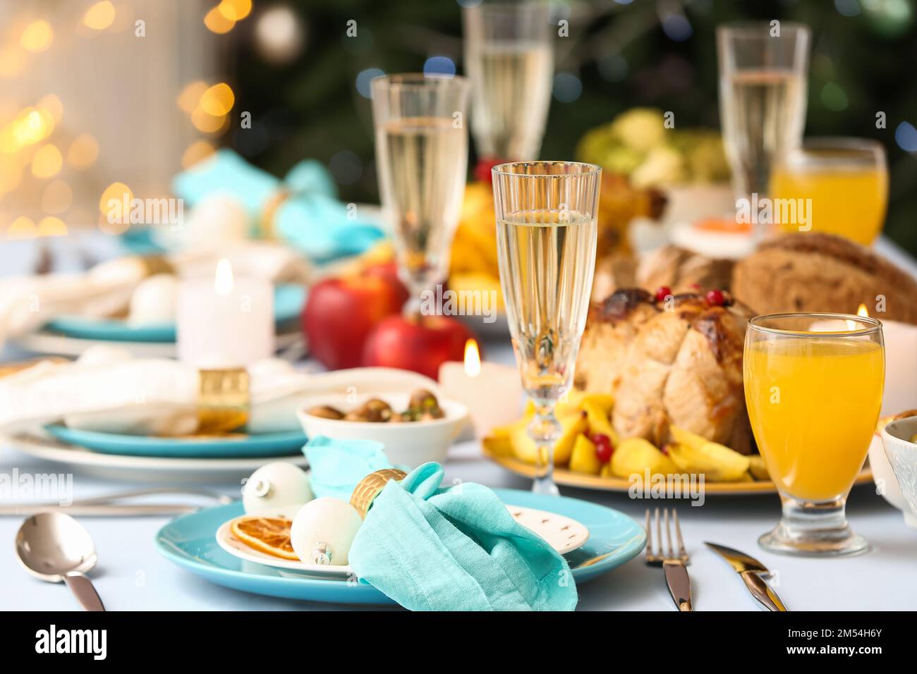 Tasty dishes and drinks for Christmas dinner on table Stock Photo - Alamy
