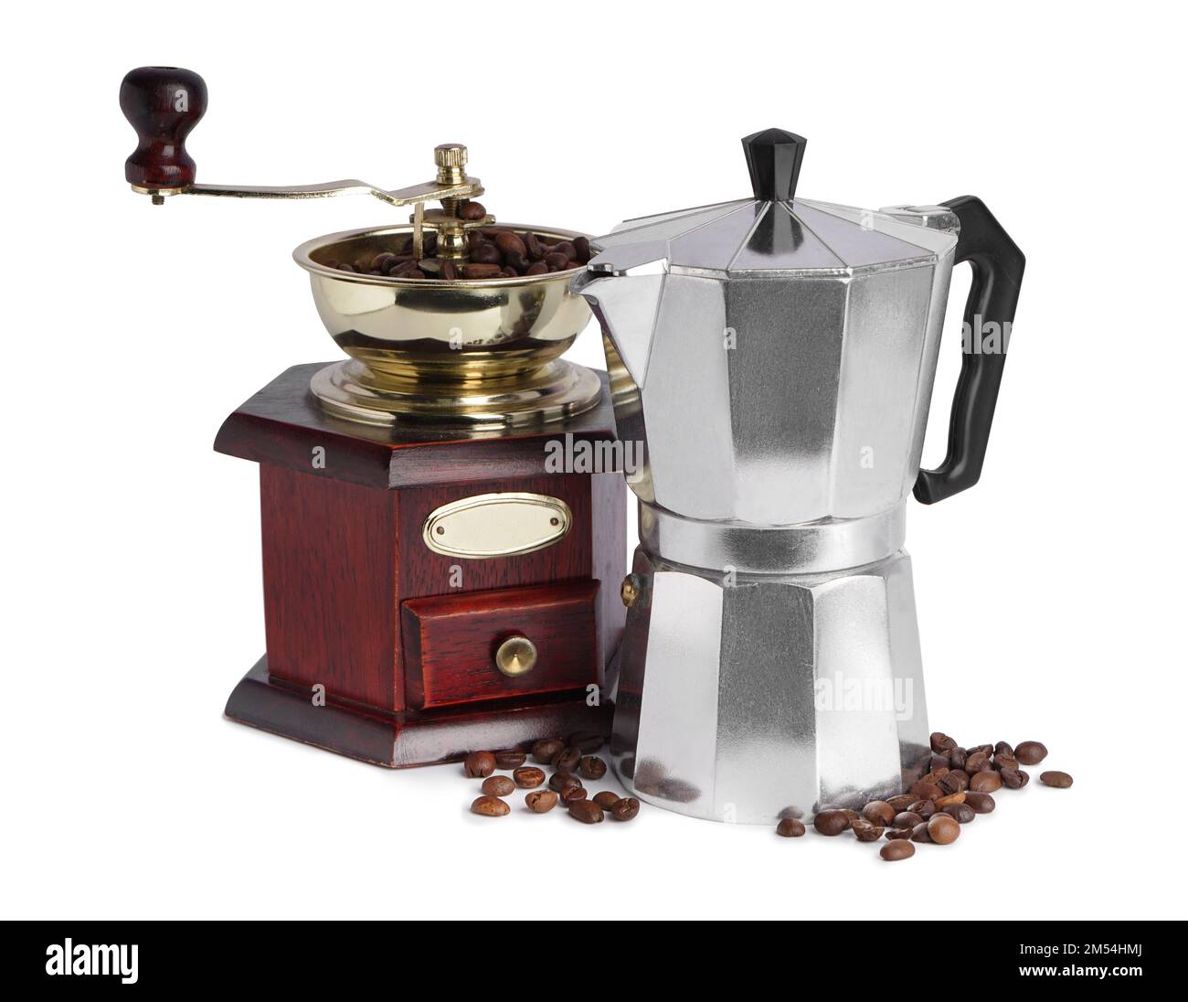 Geyser coffee maker, grinder and beans on white background Stock Photo ...