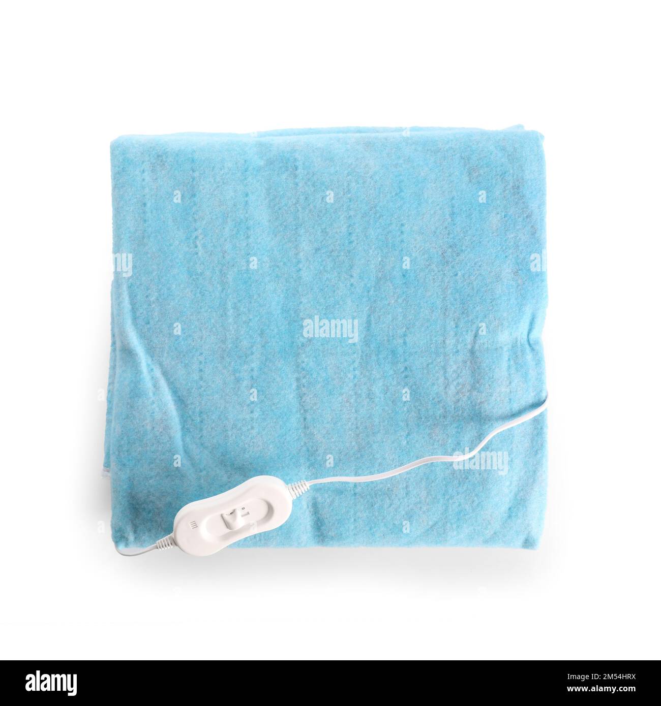 Blue electric heating pad with controller on white background, top view ...