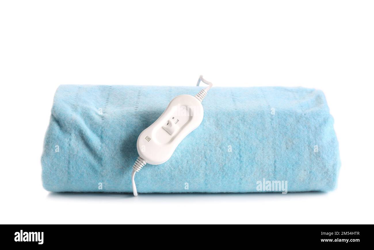 Blue electric heating pad with controller on white background Stock ...