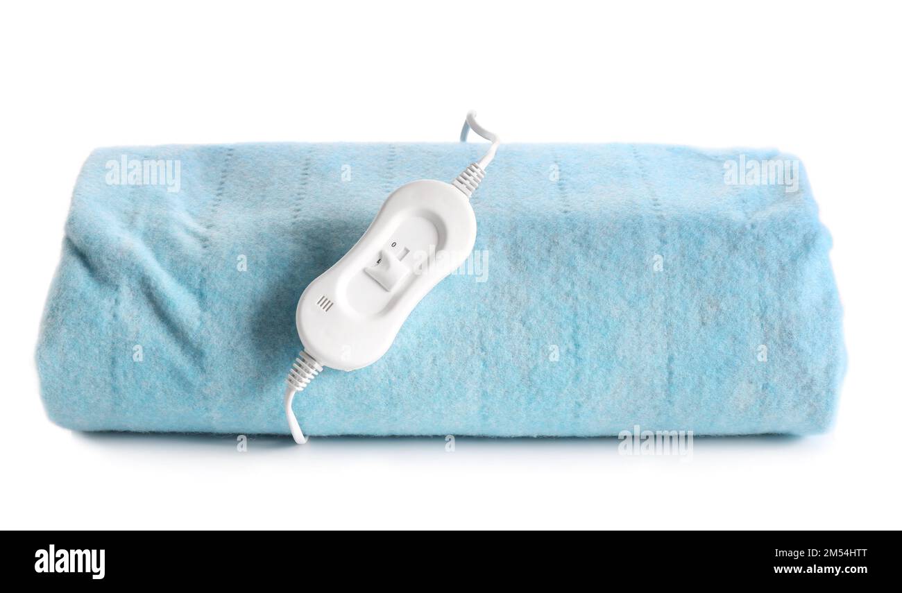 Blue electric heating pad with controller on white background Stock ...