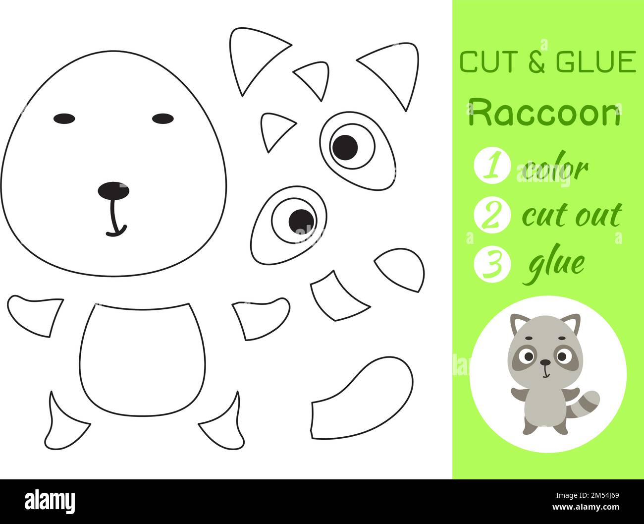 Color, cut and glue paper little raccoon. Cut and paste crafts activity ...