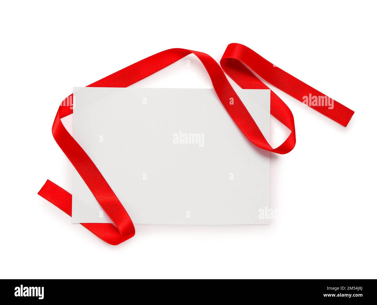 Blank card with red satin ribbon isolated on white background Stock ...
