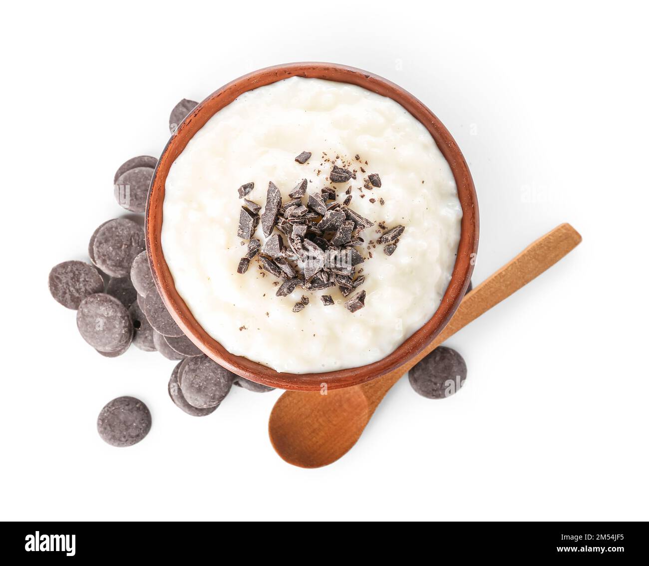 Bowl with delicious rice pudding and chocolate chips on white ...