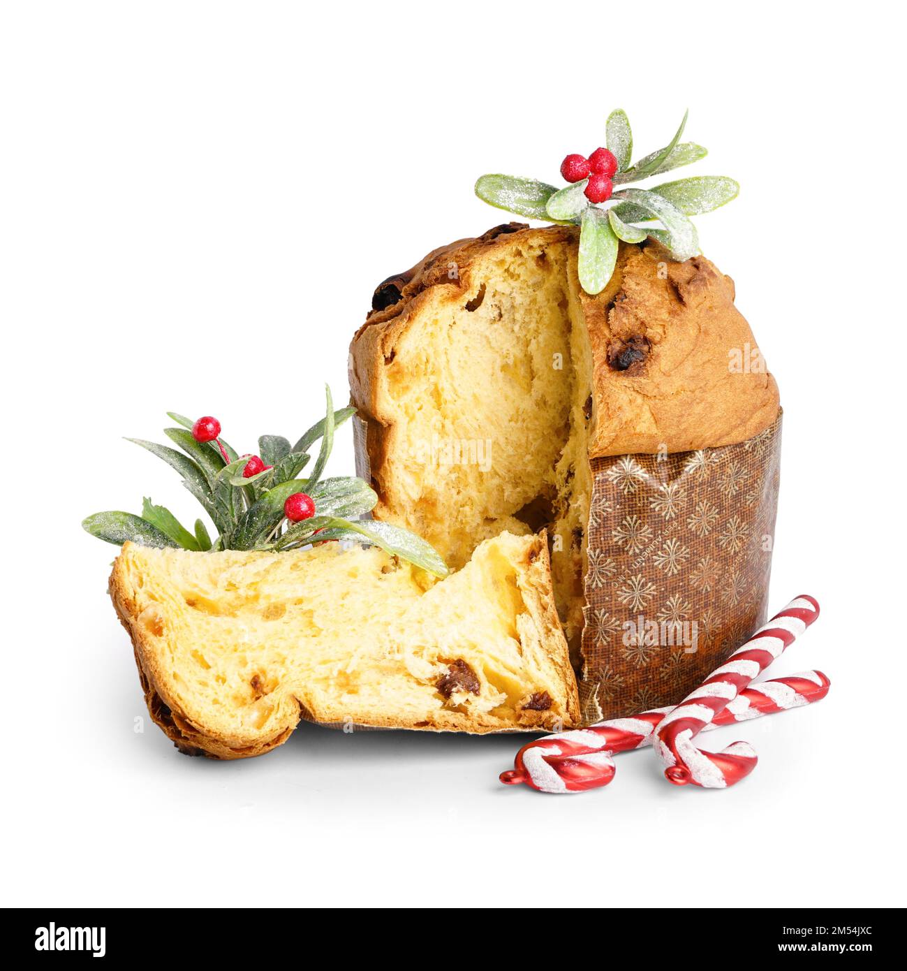 Cut Panettone with Christmas decor on white background Stock Photo - Alamy