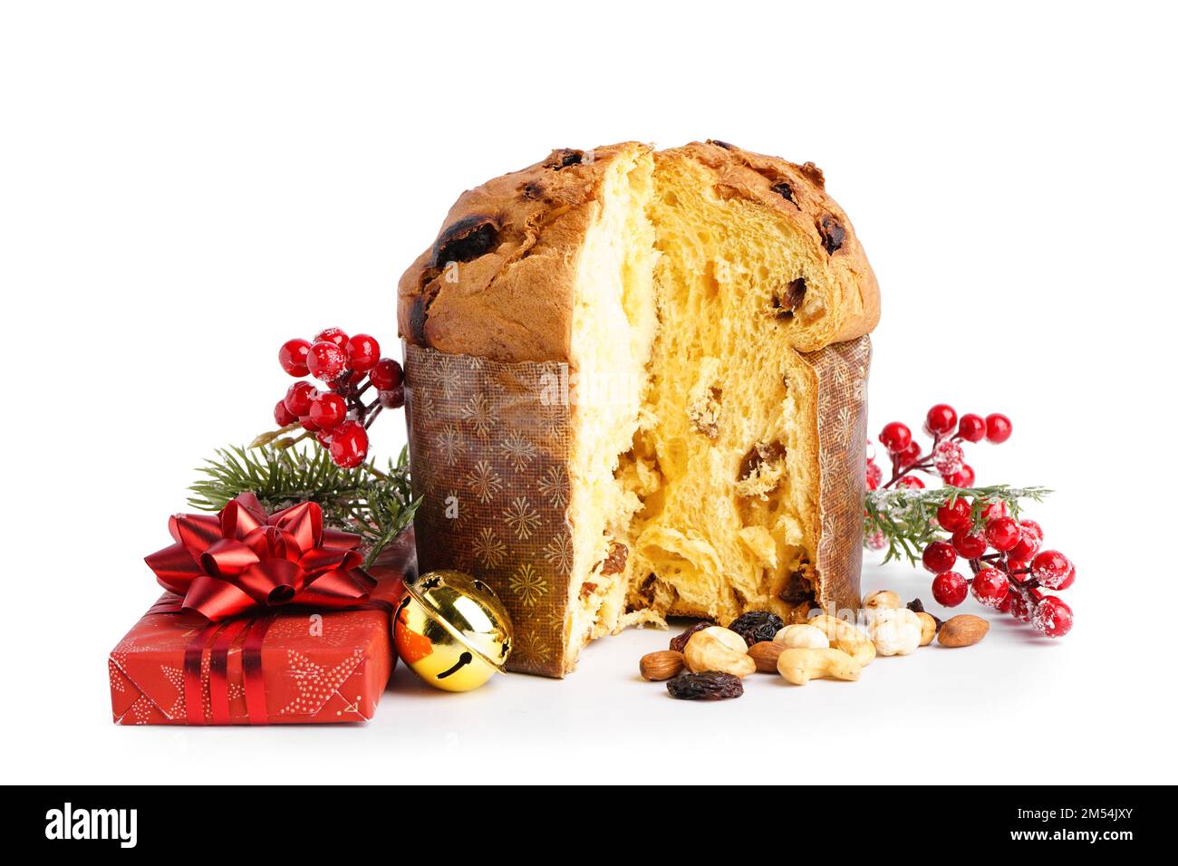 Cut Panettone with Christmas decor and gift on white background Stock ...