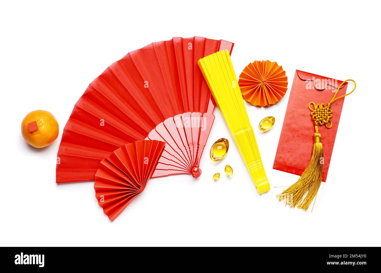 Red envelope, mandarin and Chinese symbols on white background. New ...