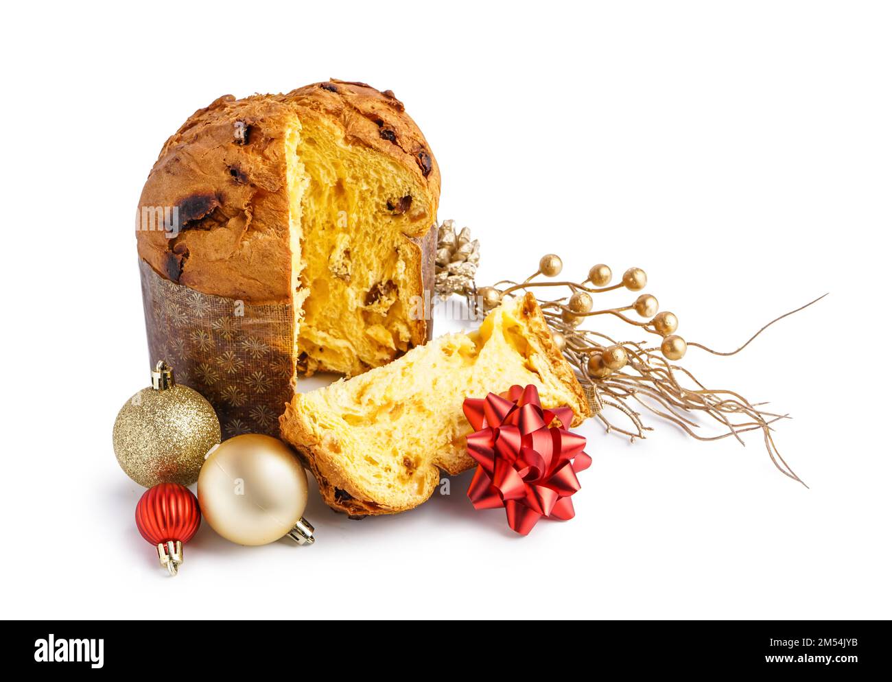 Cut Panettone with Christmas decor on white background Stock Photo - Alamy