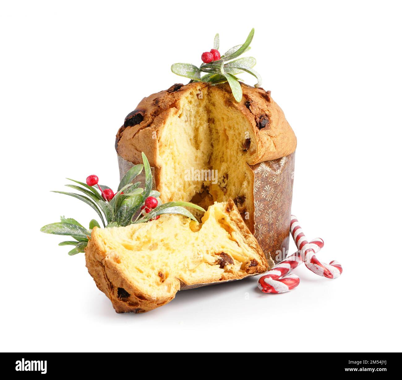 Cut Panettone with Christmas decor on white background Stock Photo - Alamy