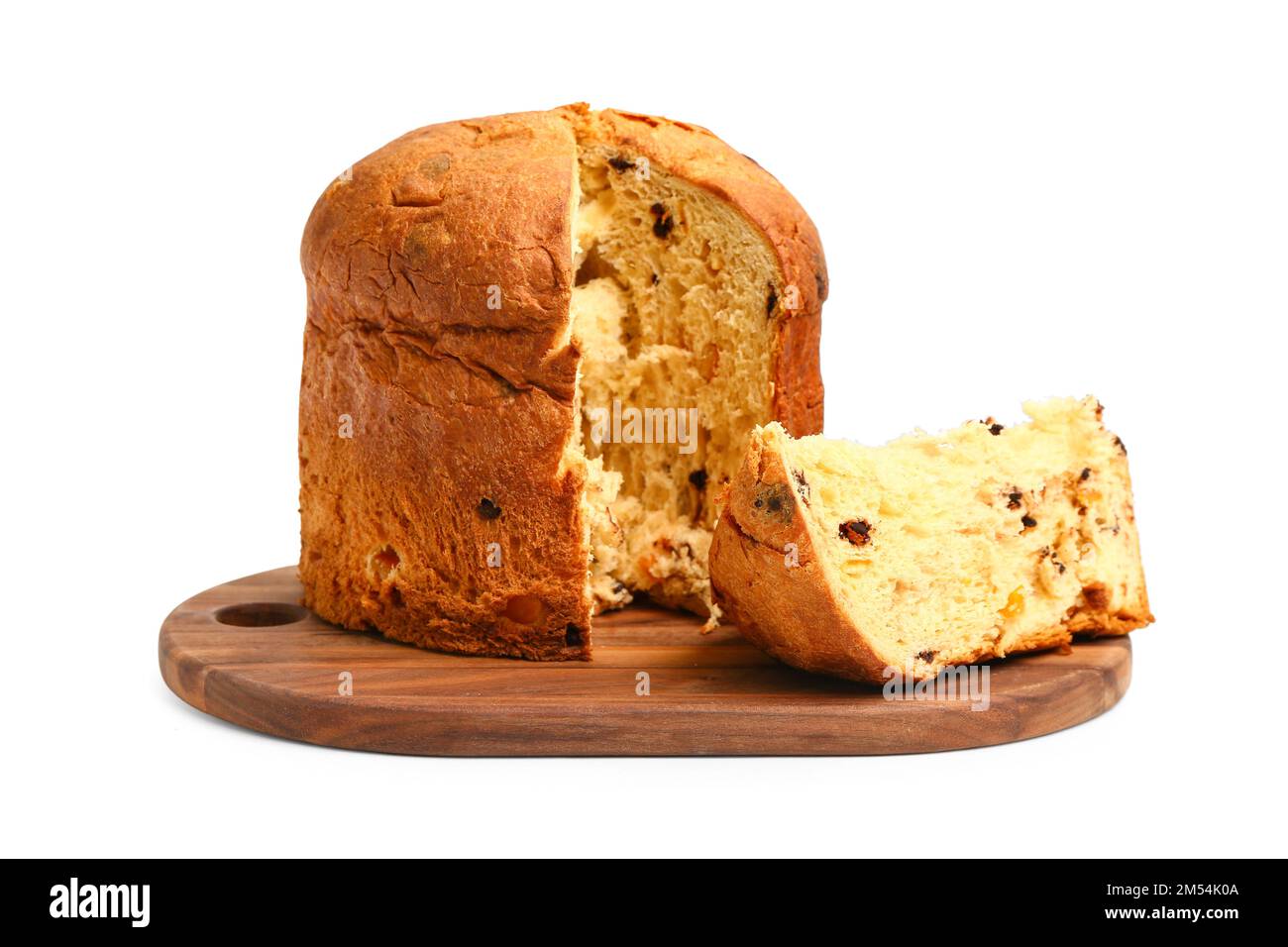 Board with cut Panettone on white background Stock Photo - Alamy