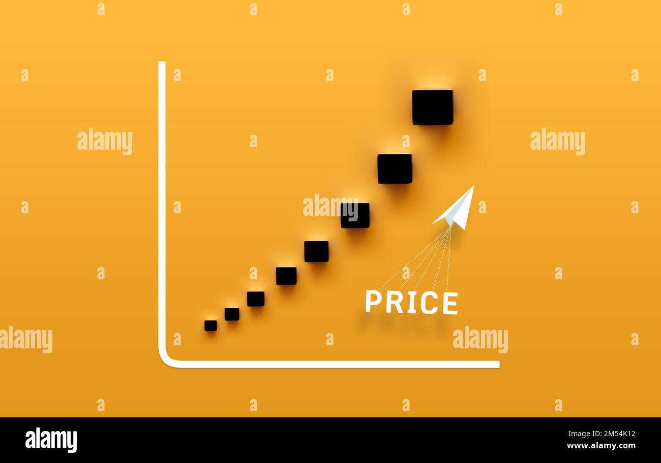 Price level symbol. A wooden cube with up icon. Wooden block with the ...