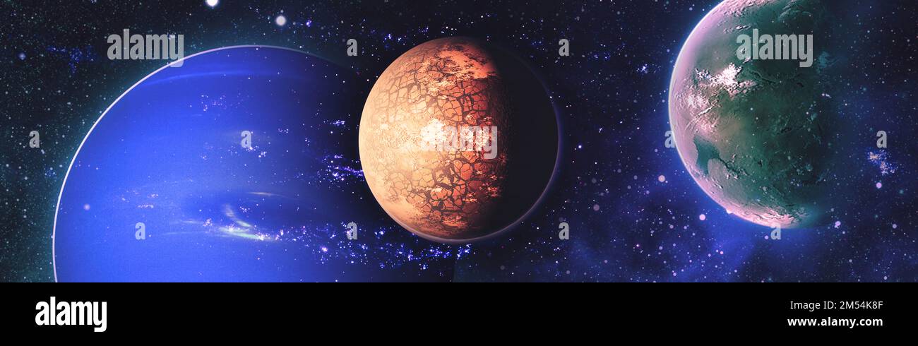 Planets, stars and galaxies. Panorama. Horizontal view for a glass ...