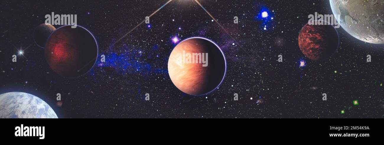 Planets, stars and galaxies. Panorama. Horizontal view for a glass ...