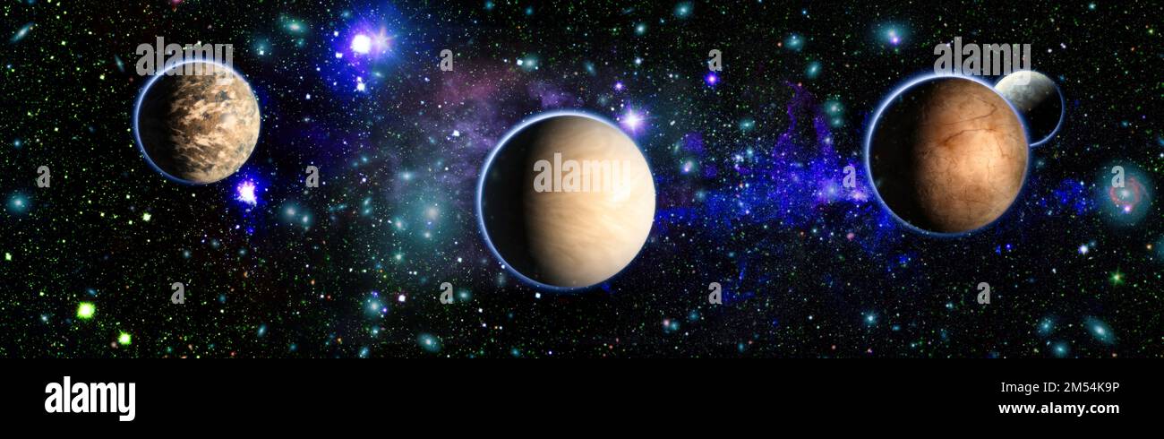 Planets, stars and galaxies. Panorama. Horizontal view for a glass ...