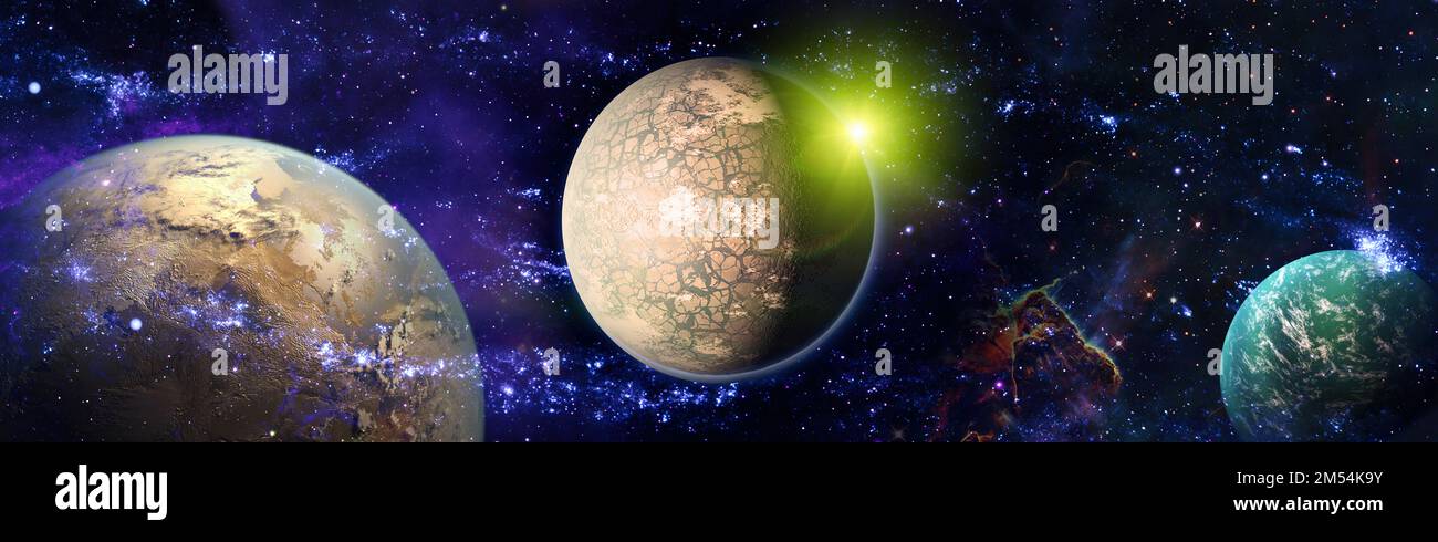 Planets, stars and galaxies. Panorama. Horizontal view for a glass ...